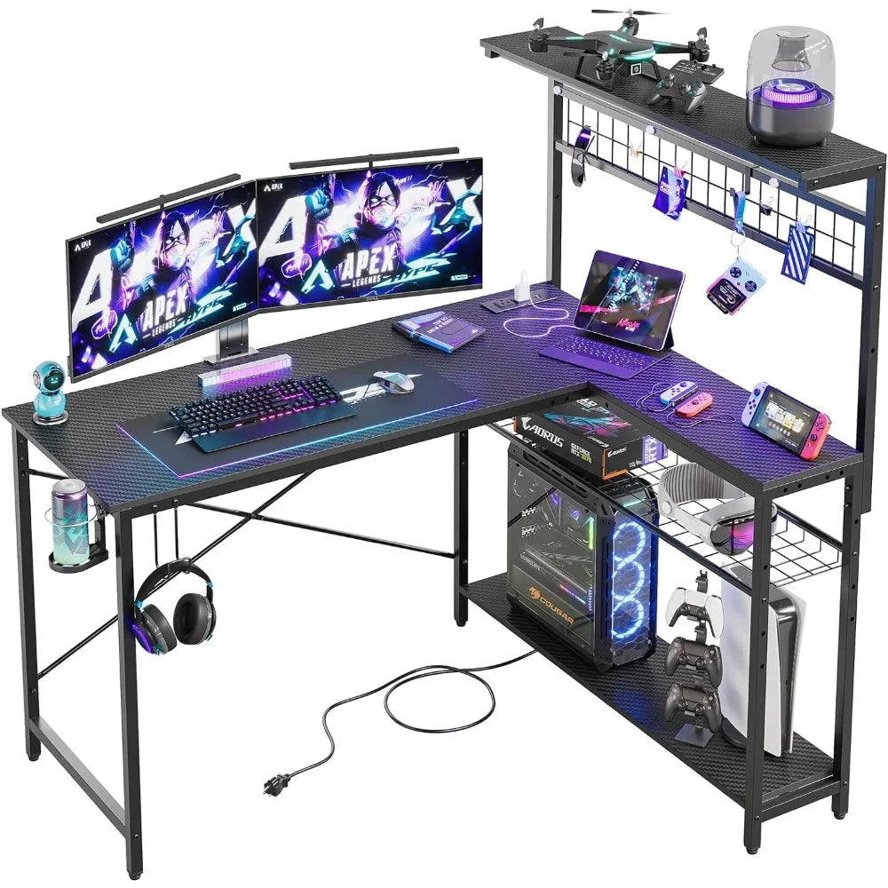 L Shaped Gaming Desk with Power Outlets, 51 inch Large LED Computer De ...