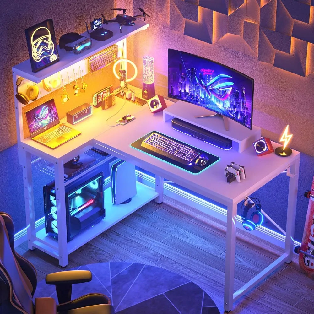 Small Gaming Desk with Power Outlets LED Light 43 Inch L Shaped Comput ...